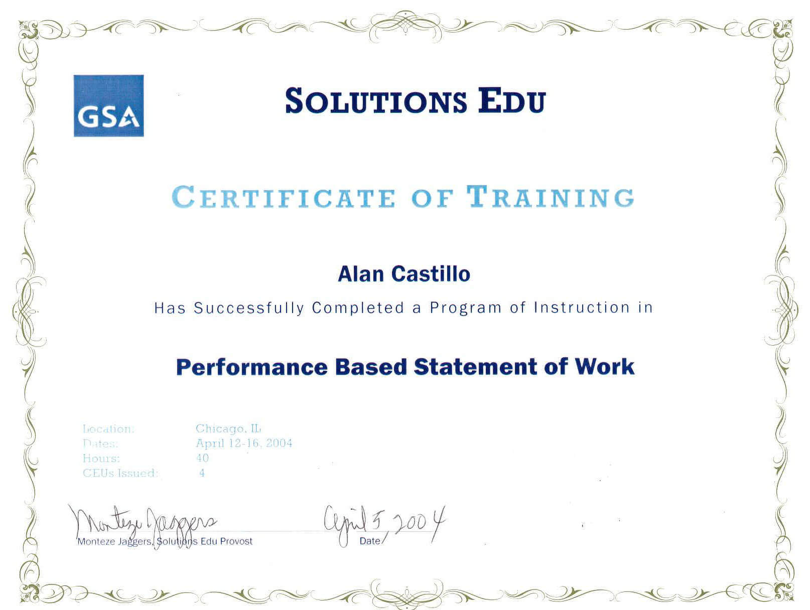 GSA PBSOW Training Certification (Chicago) | Alan F. Castillo